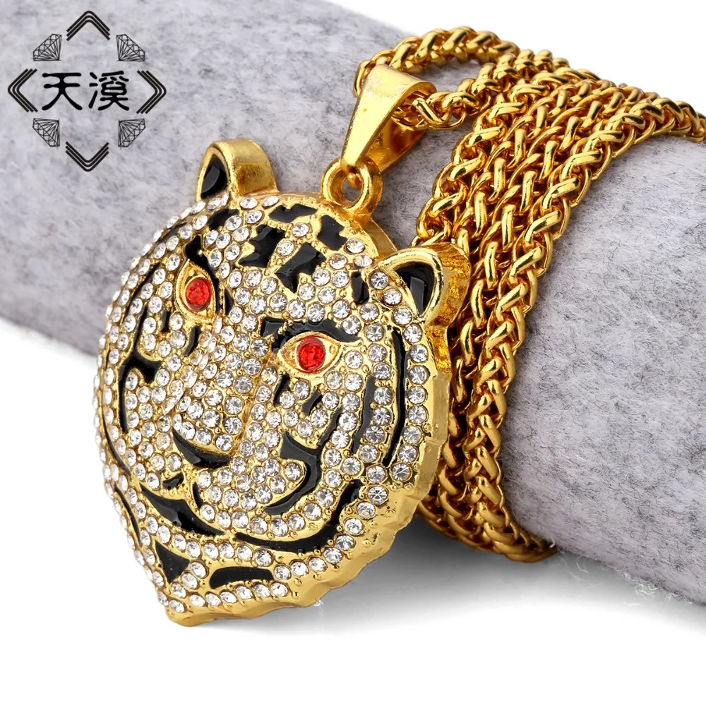 Gold color Alloy 76cm Chain Men Tiger Head Pendant Inlay Rhinestone ...