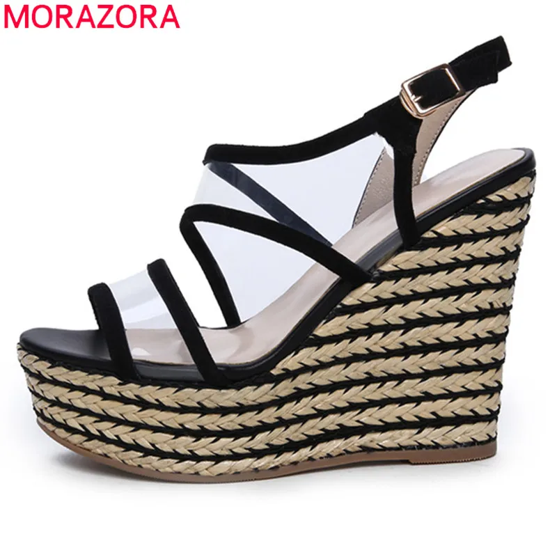 MORAZORA 2021 new fashion suede leather shoes women sandals pvc buckle summer wedges platform ...