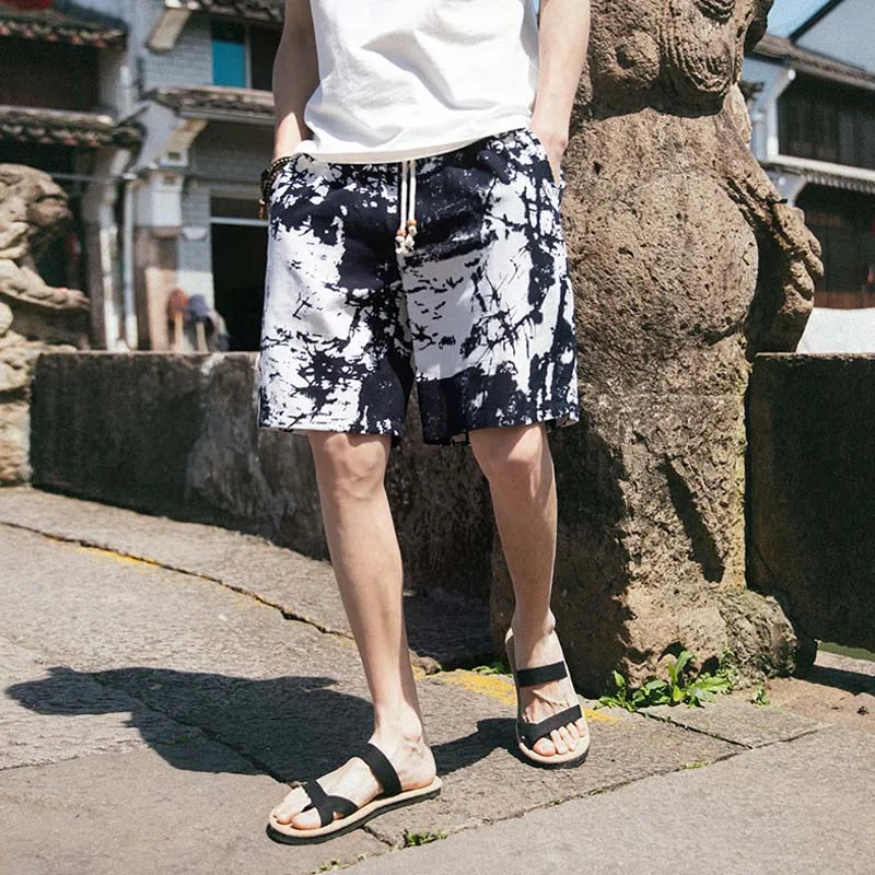 Short en lin japonais pour homme - Streetwear imprimé avec cordon de ...