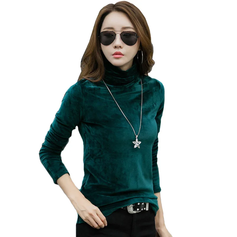 Turtleneck Velour Top Women Long Sleeved Solid Color T Shirt High ...