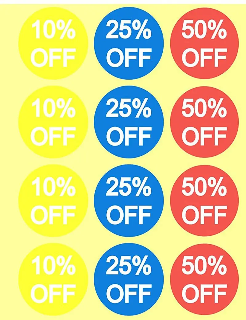 10% 25% 50% Percent Off Stickers 3/4 Inch 1500 Adhesive Discount ...