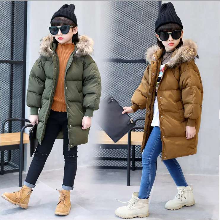 New Children school kids girl long jacket real fur hooded duck down ...