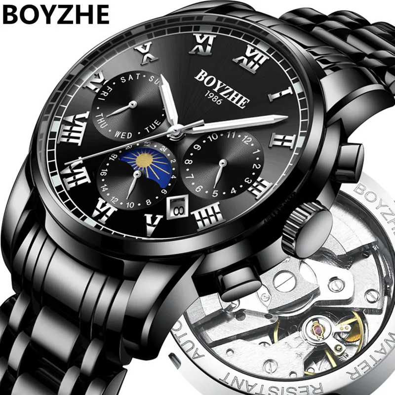 BOYZHE Men Automatic Mechanical Fashion Luxury Brand Stainless Steel ...
