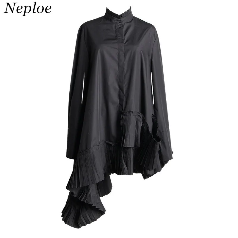 Neploe Irregular Ruched Ruffles Solid Women Shirt Casual Long Vintage