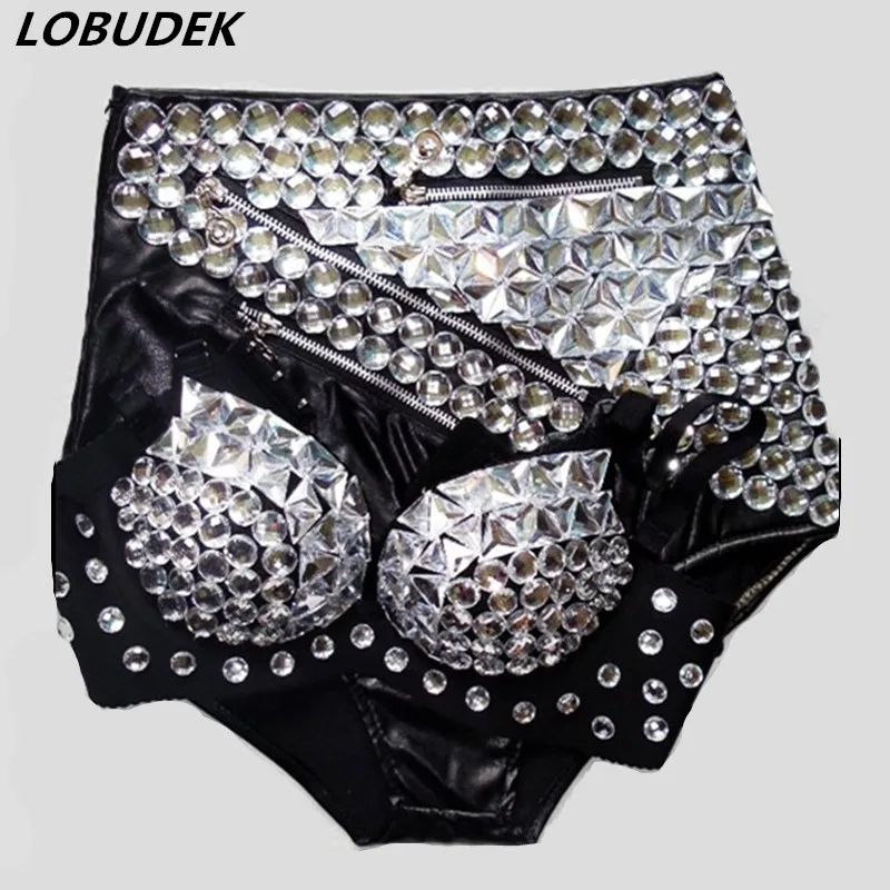 Silvery Rhinestones Bra Black Pu Leather Zip Waist High Shorts Crystals
