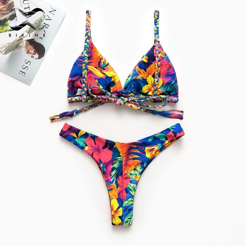 Bikinx Triangle Floral Print Bikinis 2019 Mujer Biquini Weave Push Up
