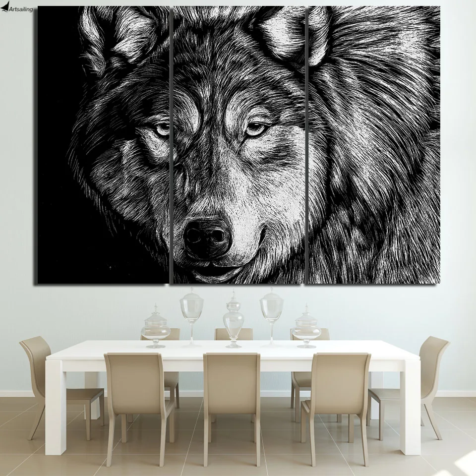Arte em tela de lobo 3 peças, arte para parede com impressão hd preta e ...