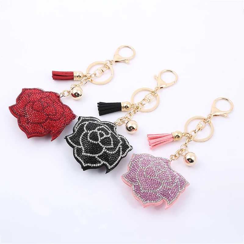 New Creative Handmade Crystal Rose Flowers Key Ring Chains Leather ...
