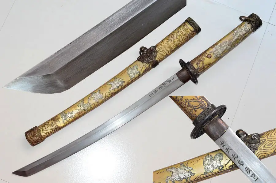 HandMade Japanese Short Sword Samurai Katana Folded Steel Blade Copper ...