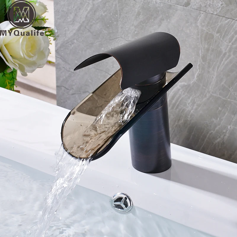 Glass Waterfall Spout Basin Faucet Deck Mounted Waterfall Hot Cold ...