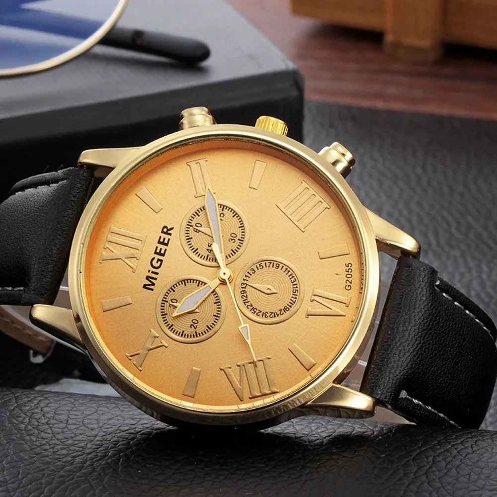 DISU Men Watch Classic Leather Strap Quartz Casual watch man big dial ...