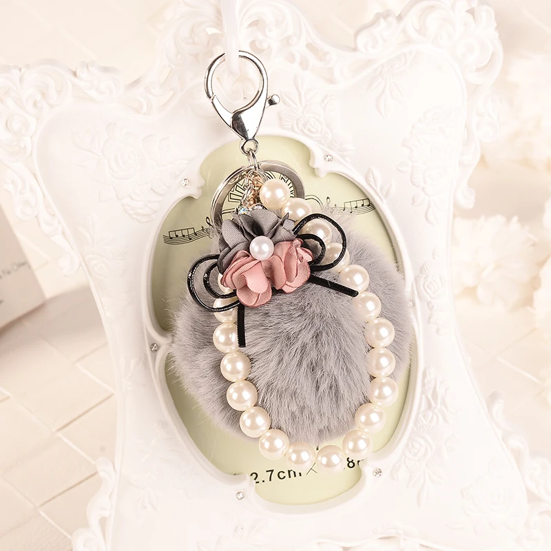 Cute Fluffy Pompom Pearl Keychain Fur Ball Key Chain Bag Car Key Ring ...