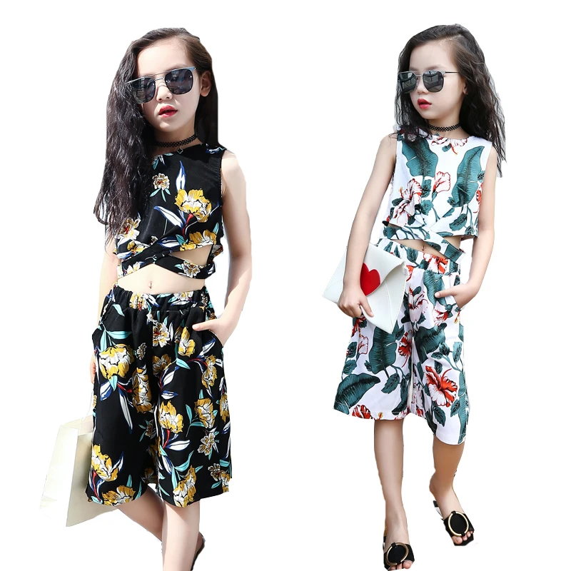 Kids Clothing Sets For Girls Bare Midriff Sleeveless Floral Print T ...