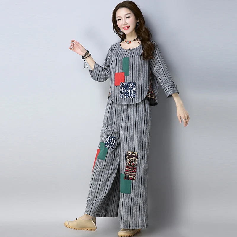 Pengpious Chinese fashion loose top pants striped round neck large leg ...
