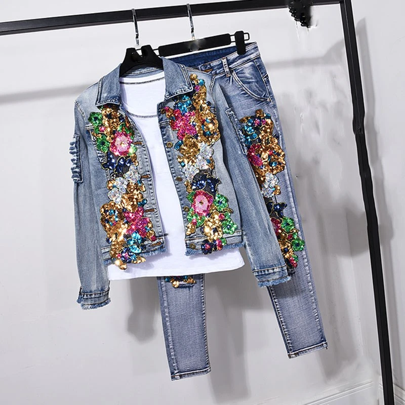 2019 Women Denim Embroidery Two Piece Sets Ripped Hole Bomber Jean ...