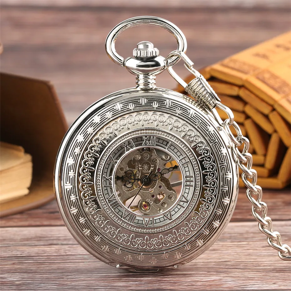 Luxury-Gentlemen-Silver-Mechanical-Pocket-Watch-Hand-Winding-Roman ...