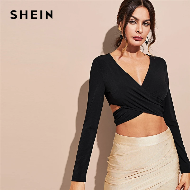 Shein Black Highstreet Sexy Criss Cross Wrap Crop V Neck Long Sleeve