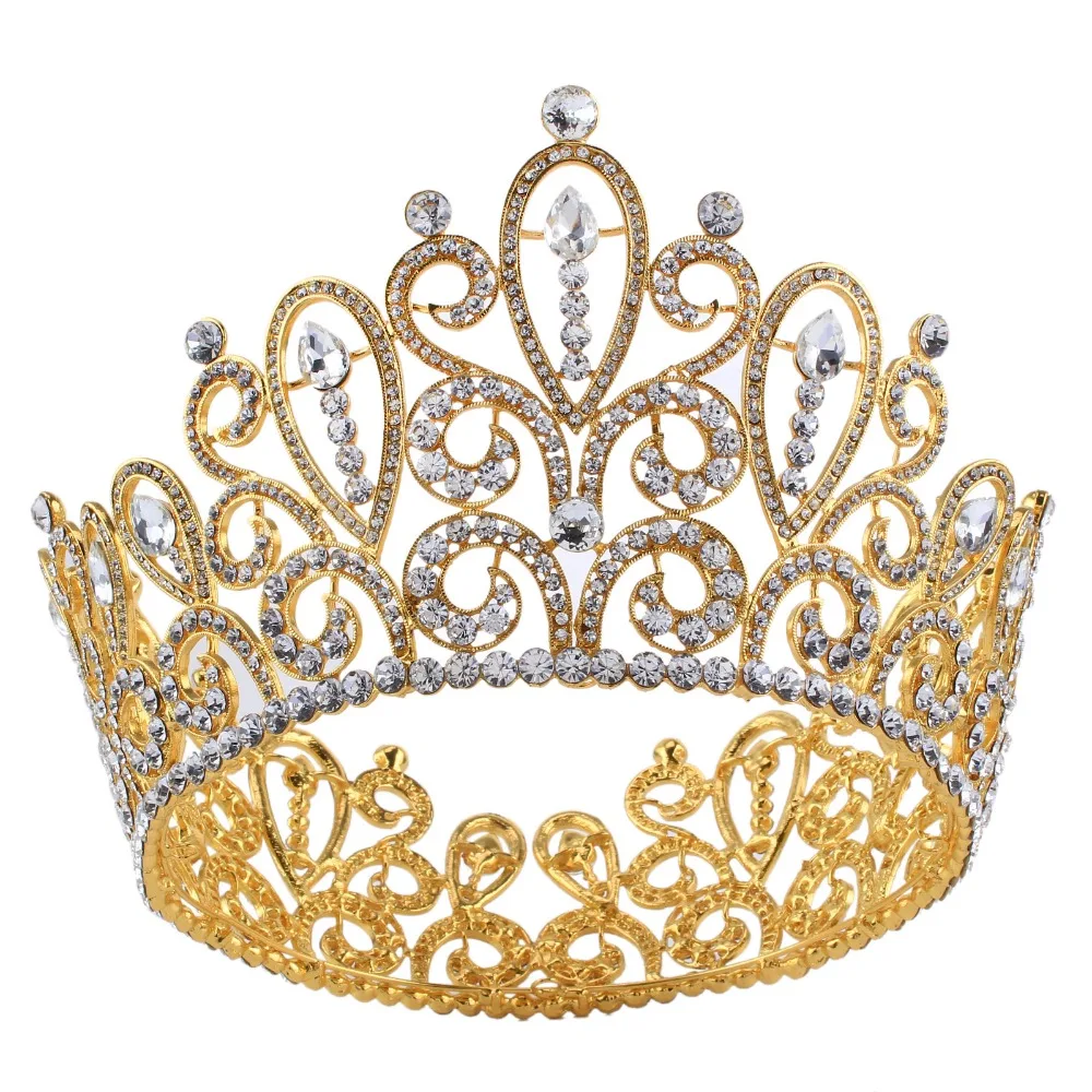 Romantic Gold Queen Tiara Crown Big Full Round Crystal Rhinestone Romantic Gold Queen Tiara Crown Big Full Round Crystal Rhinestone