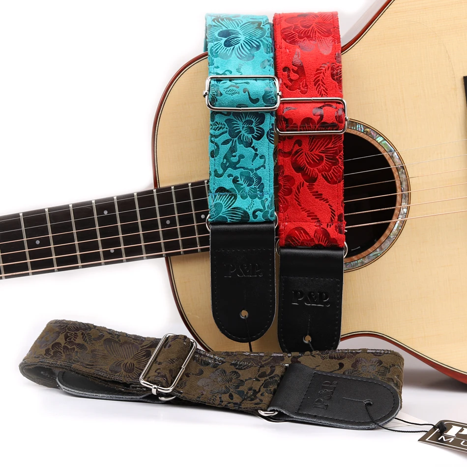 Guitar Strap Emboss Strap With Leather Ends Vintage Classical Pattern Design For Bass Electric