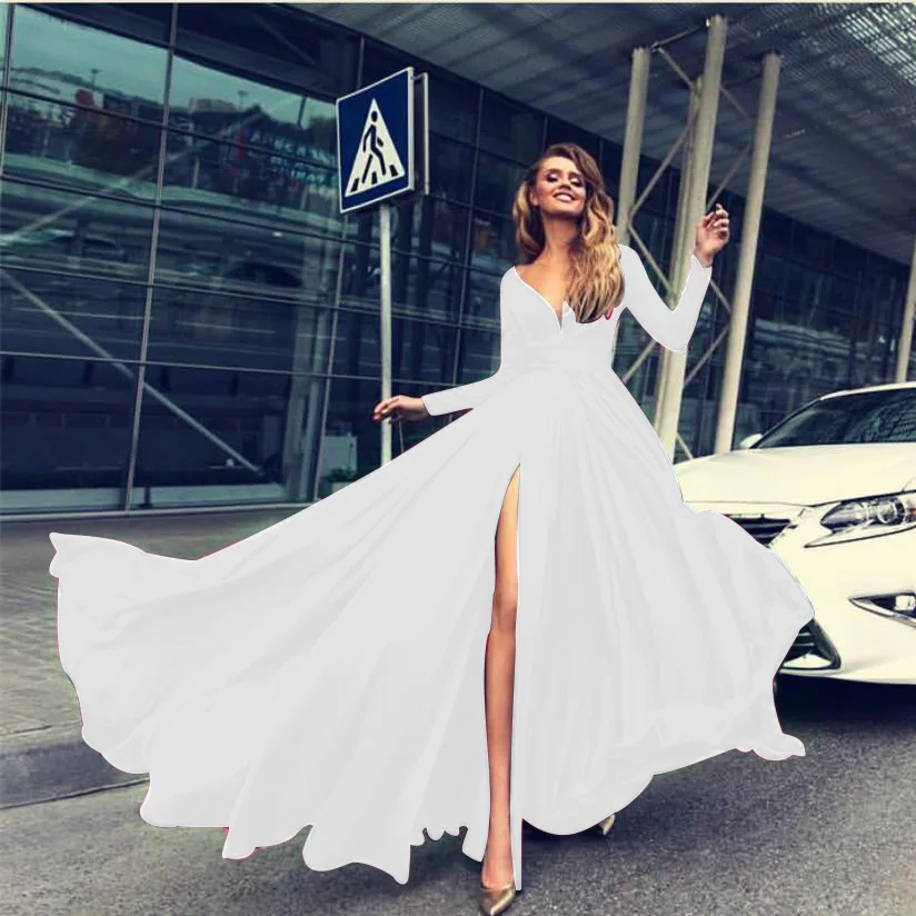 Luxury Summer Long White Party Dress Women Ladies Long Sleeve High Slit ...