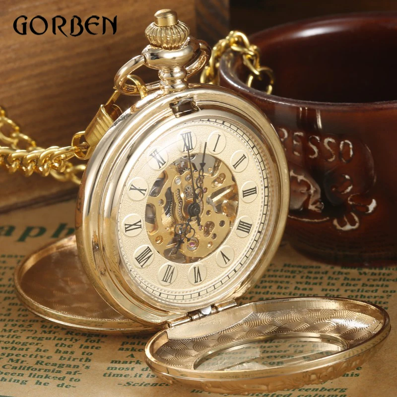 Luxury Gold Steampunk Pocket Fob Watches Chain Engraving 2 Sides Open ...