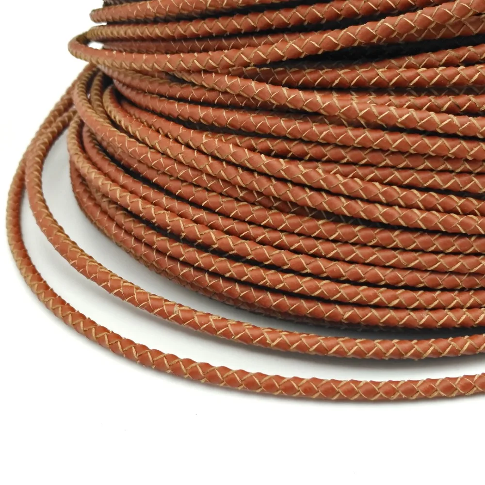 1 Yard 3mm Round Brown Edged Natural Braided Real Leather Bolo Strap ...