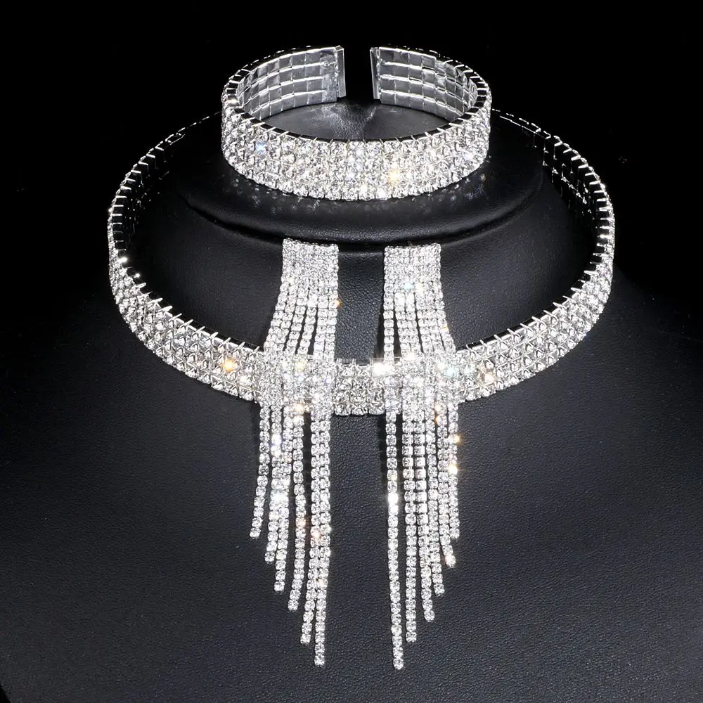 Rhinestone Collar Cuff Tassel Crystal Prom Jewelry Set Necklace ...
