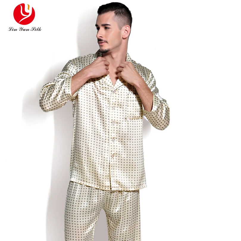 Lin Yun Silk Pajama Sets For Men Sleepwear Button Casual Real Silk