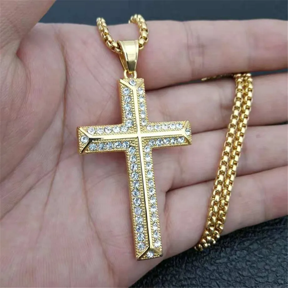Hip Hop Iced Out Cross Pendant With Stainless Steel Chain Golden ...