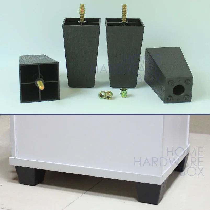 4 pcs black plastic square leg 4.5" furniture cabinet stand couch feet ...