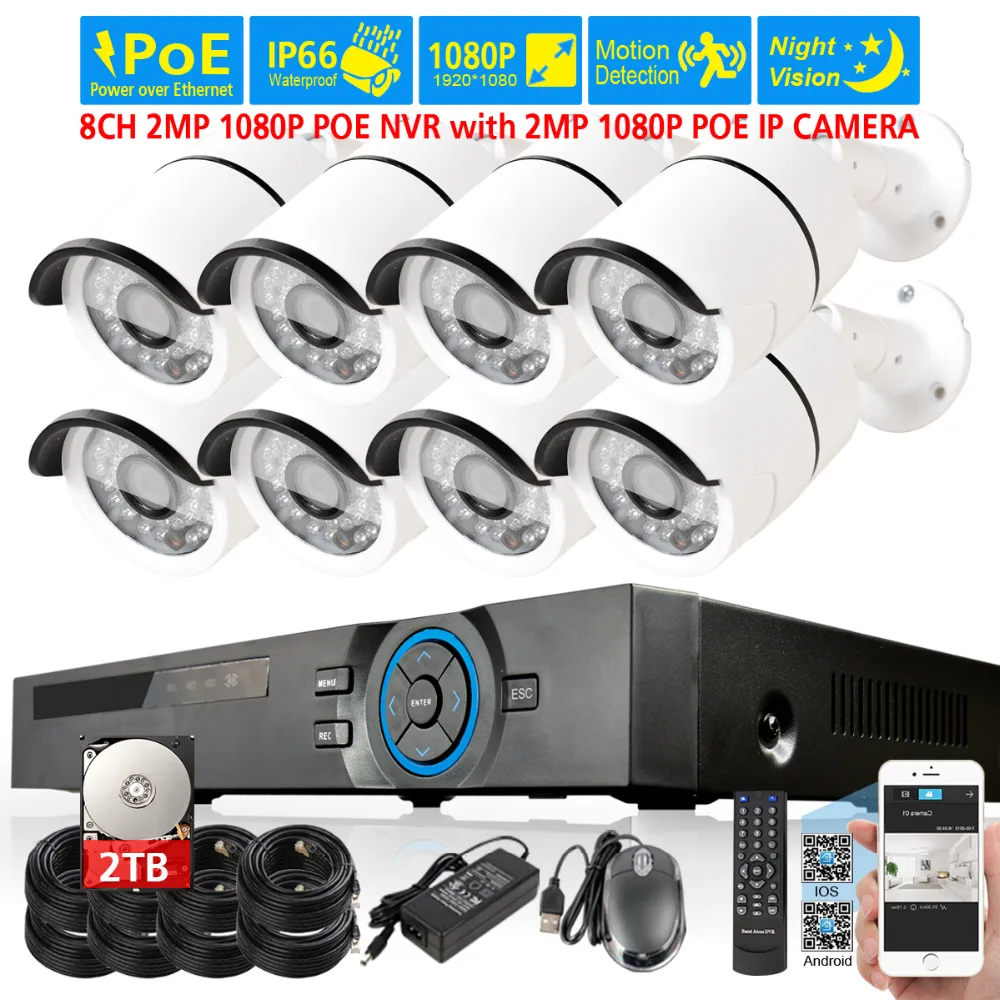 48V PoE 1080P NVR CCTV System 8pcs 2.0MP Outdoor IP Camera 36xLEDs 8CH ...
