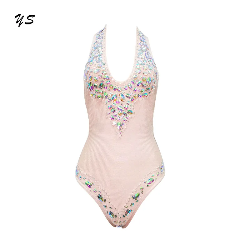 Latest Sexy Crystal Rhinestone Beachwear High Halter Bikini Diamond