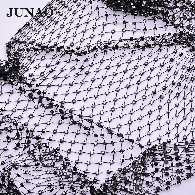 JUNAO-1-Meter-36-Row-Elastic-Black-Glass-Rhinestone-Trim-Mesh-Clear ...