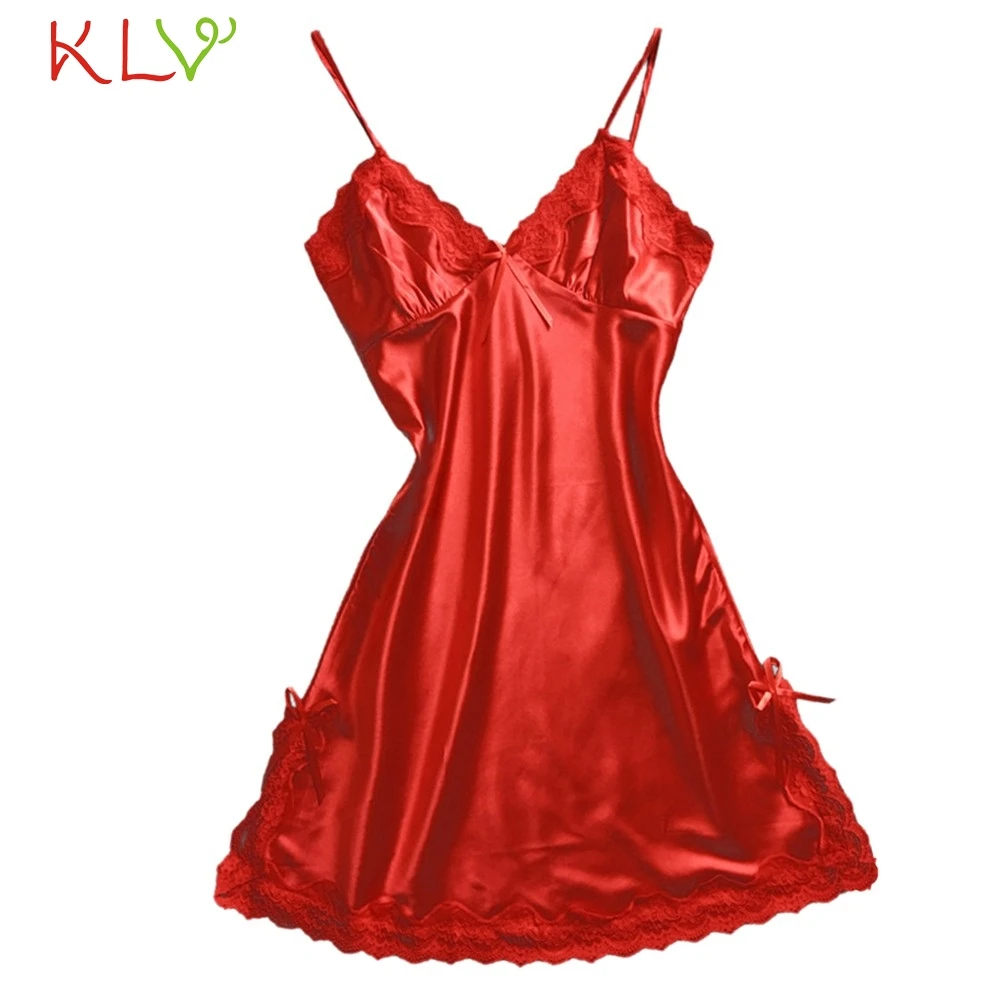 Women Sexy Nightgown Lace Lingerie V neck Satin Nightwear Sleepwear Dress Babydoll Underwear ...