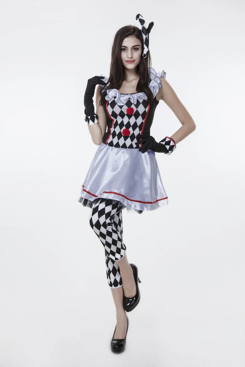 2016 New Arrival Circus Girls Clown Cosplay Costume Black White Plaid