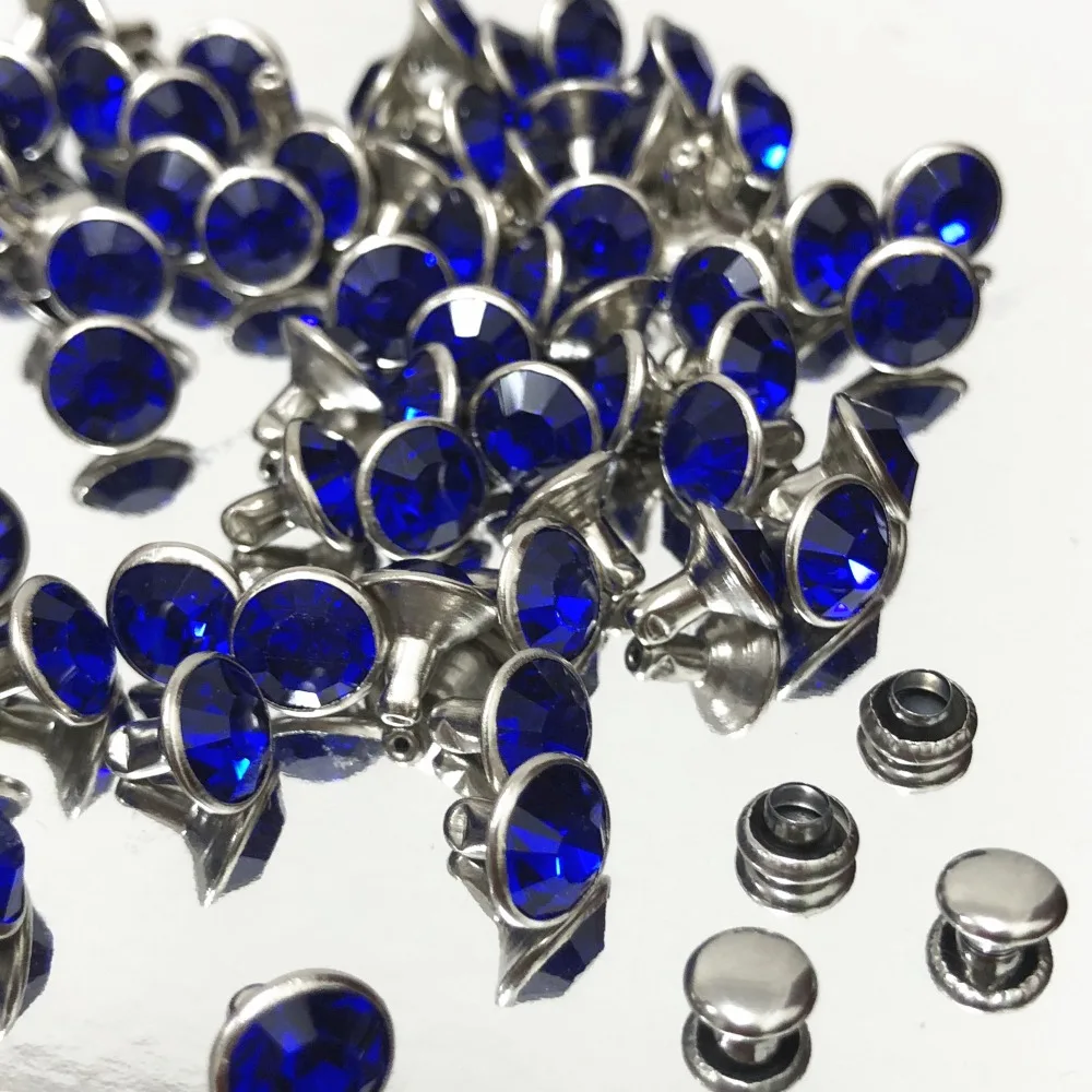 New Coming 8MM 50 Sets CZ++ Royal Blue Crystal Rivets Silver Plated ...