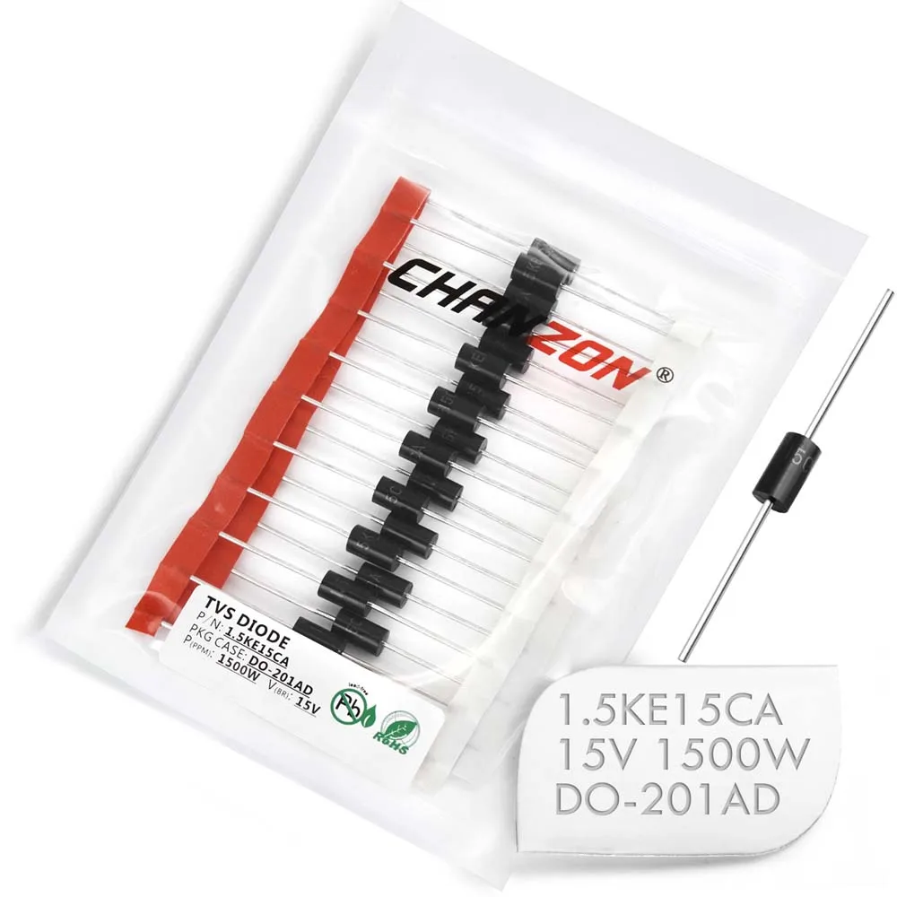 (20 Pcs) TVS Diodes 1.5KE15CA 1500W 15V DO 201AD (DO 27) Bidirectional Channel 1500 Watt 15 Volt ...