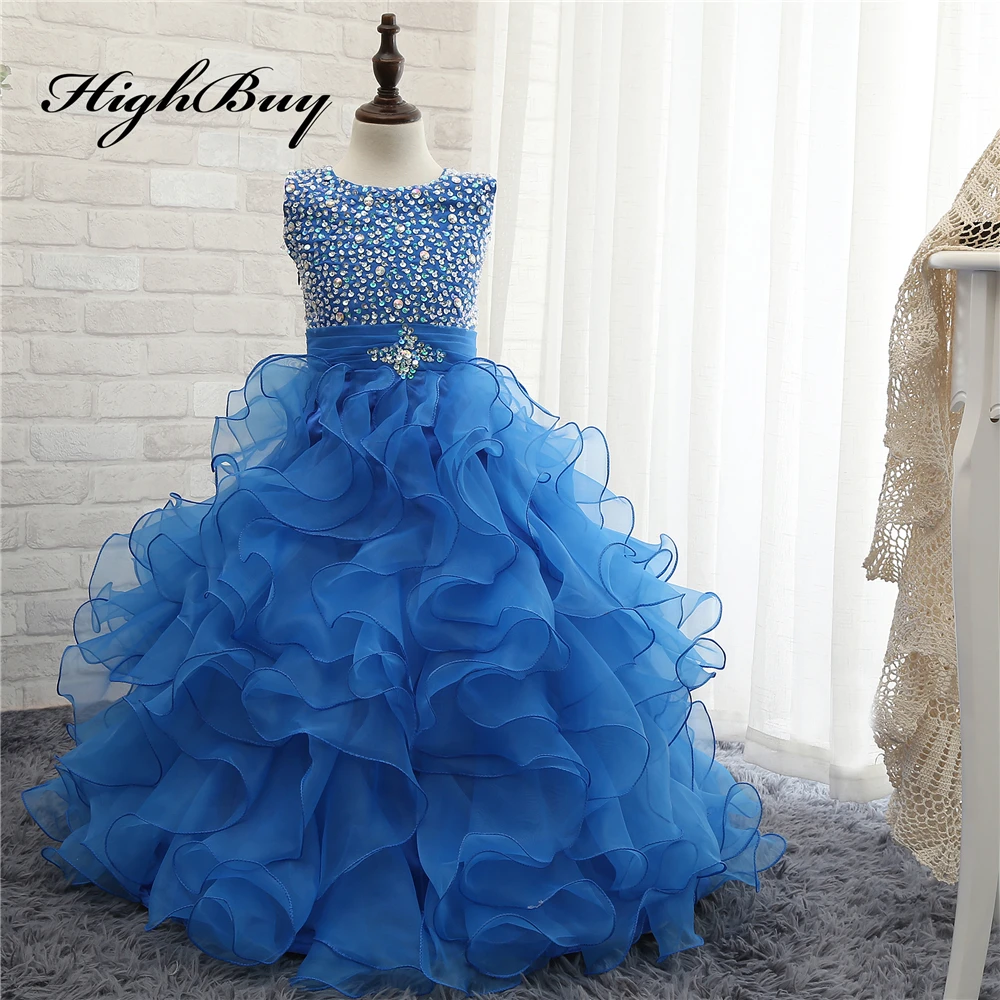 HighBuy Long Blue Girls Pageant Dress Lovely Organza Beaded Sparkling ...