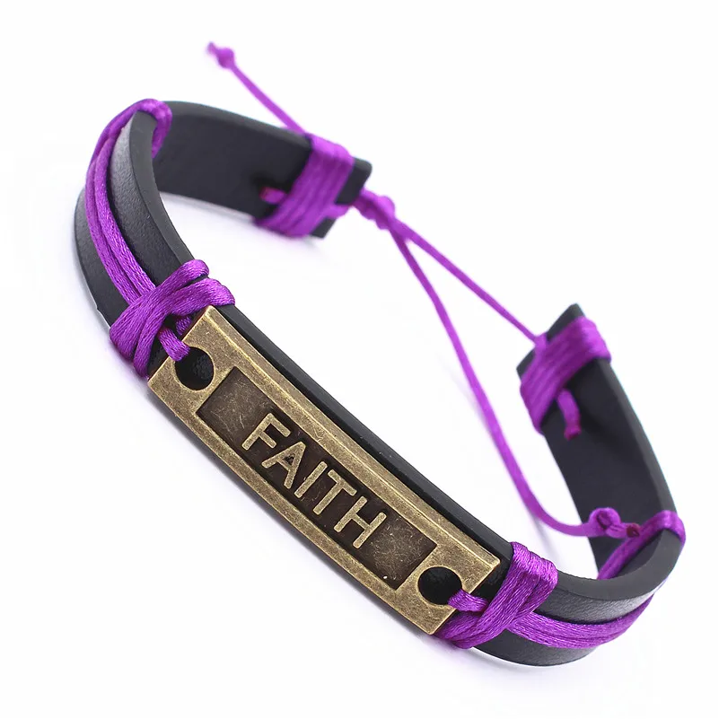 Faith Bracelet Adjustable Black Leather Bracelet Bronze metal plate ...