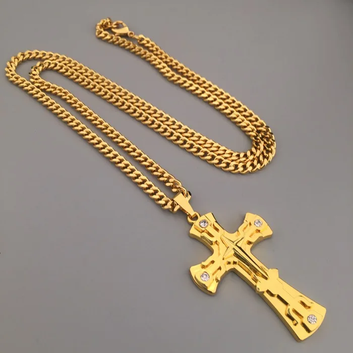 Big Cross Necklace Yellow Gold Filled Trendy Men Long Necklace Crucifix ...