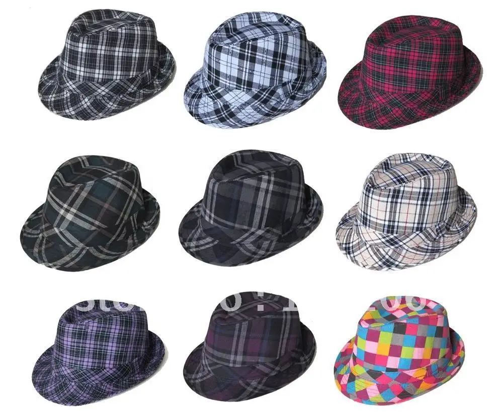 Colorful Plaid Fedora Hats Adult Stingy Brim Caps Classical Hat Unisex Cap Purple Blue Pink Mix
