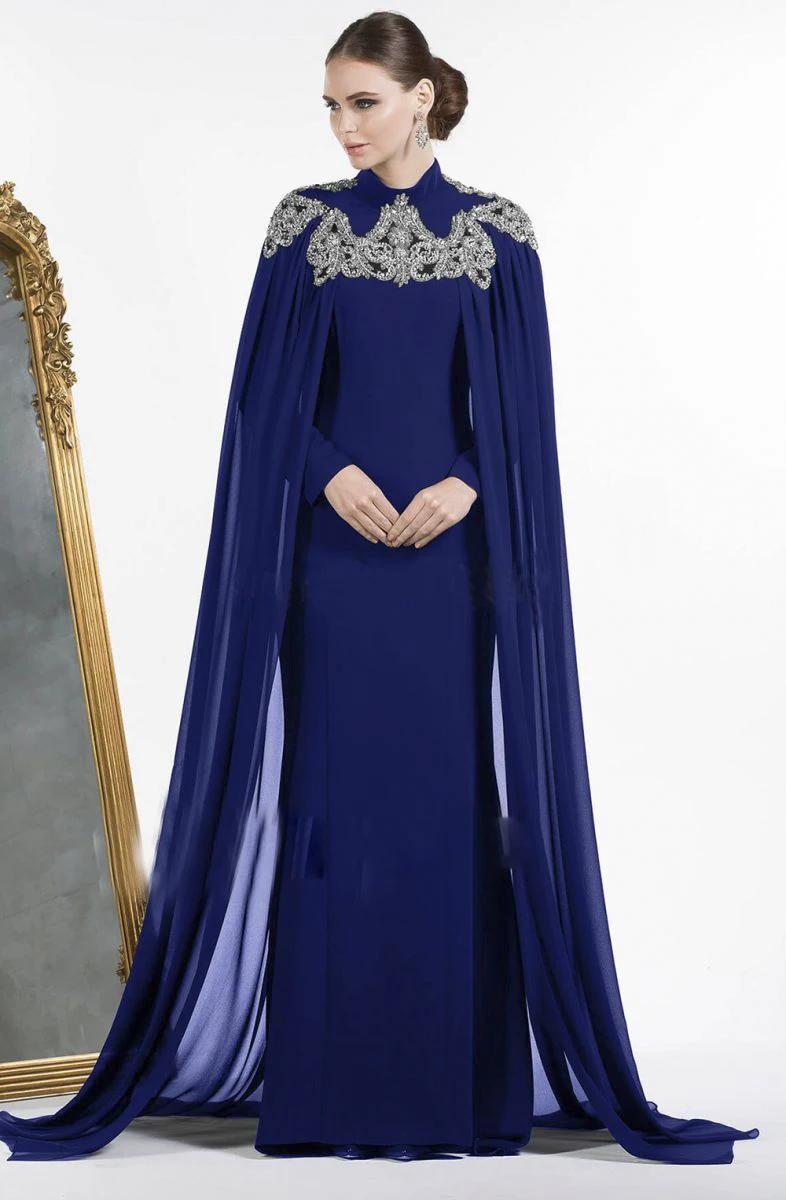 Robe De Soiree Royal Blue High Neck Long Evening Gowns With Cape Shawl