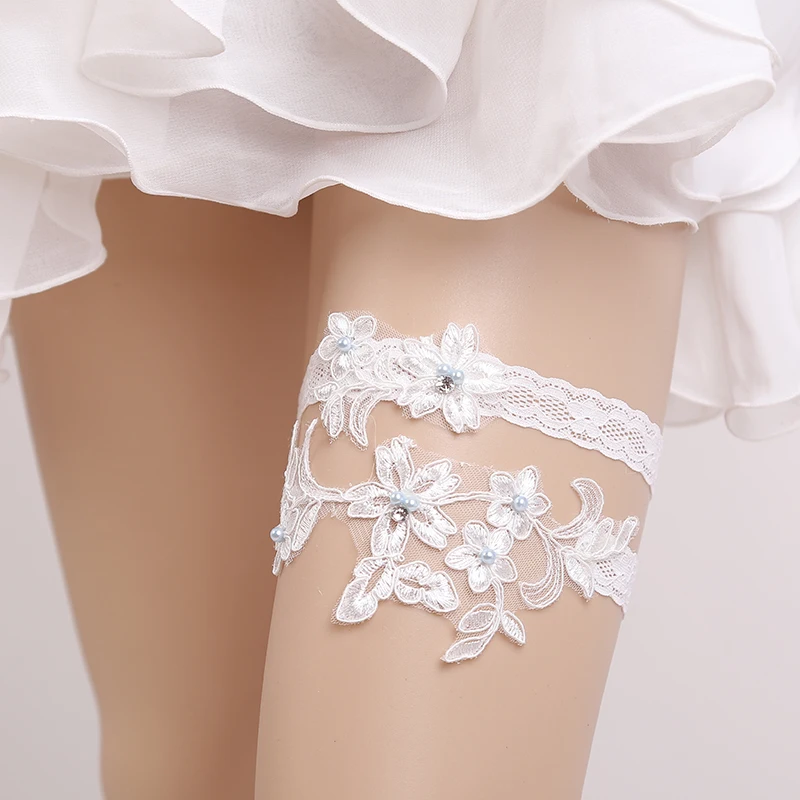 Wedding Garter Sexy White Lace Embroidery Floral Beading Rhinestone