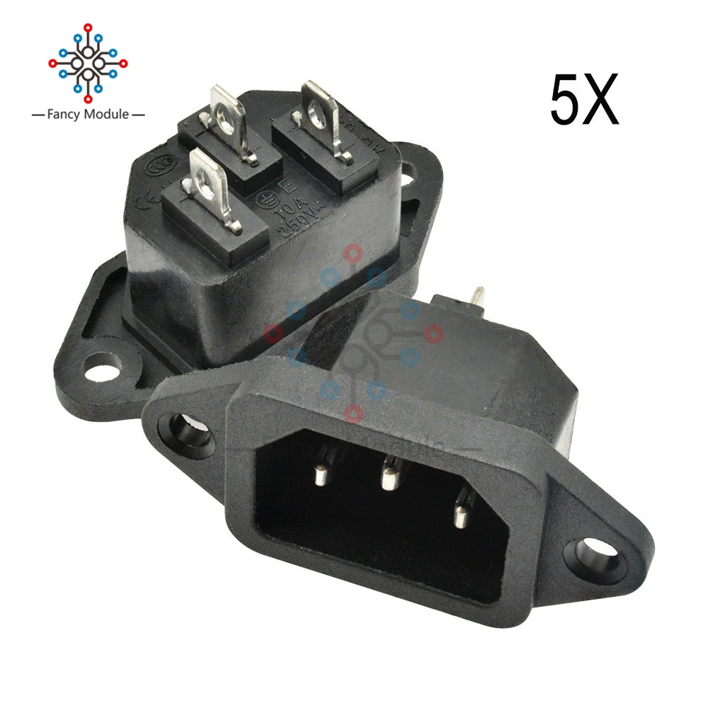 5pcs Ac 250v 10a Iec 320 C14 Panel Mount Plug Adapter Iron Core Power ...