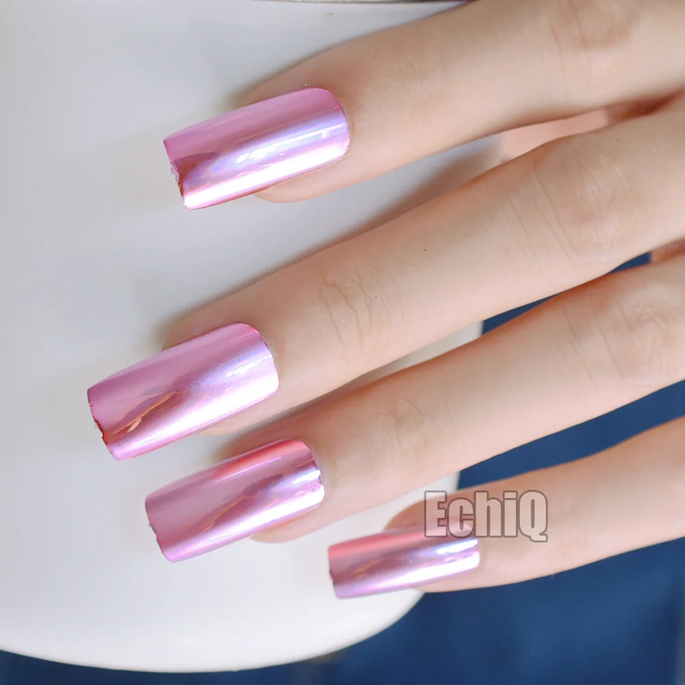 20pcs Fashion Baby Pink Metal Plate Fake Nails Reflective Mirror Punk ...
