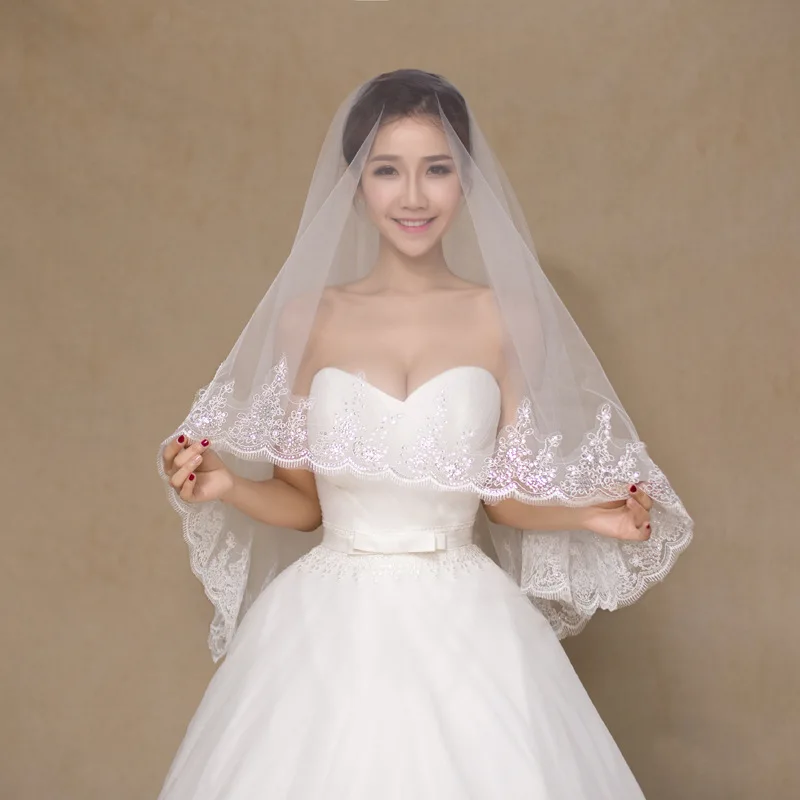 1 5 Meter Wedding Veils With No Comb Elegant One Layer Sequin Lace Edge 1-5-meter-wedding-veils-with-no-comb-elegant-one-layer-sequin-lace-edge