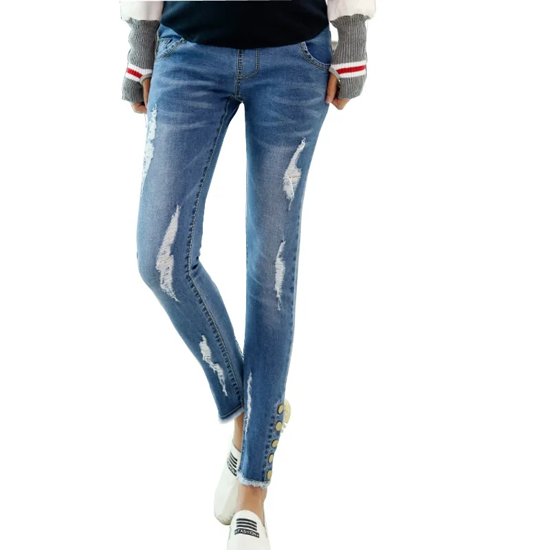 Hole Maternity Belly Jeans Waist Stretch Denim Button Pants Clothes for ...