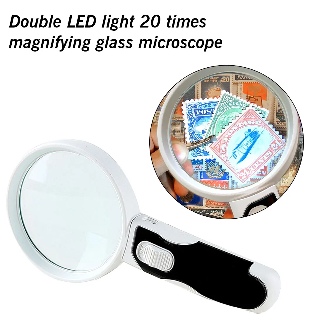2 LED Light 20X Magnifying Glass Lens Handheld Mini Pocket Microscope ...