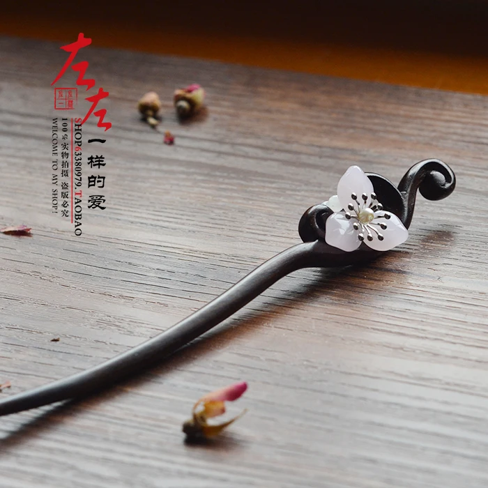 handmade hair stick ebony hairpin classical pink flower hair sticks ...