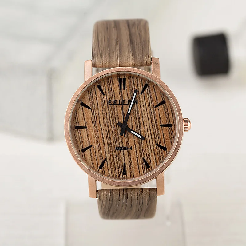 New fashion vertical stripes wood grain leather strap women casual ...